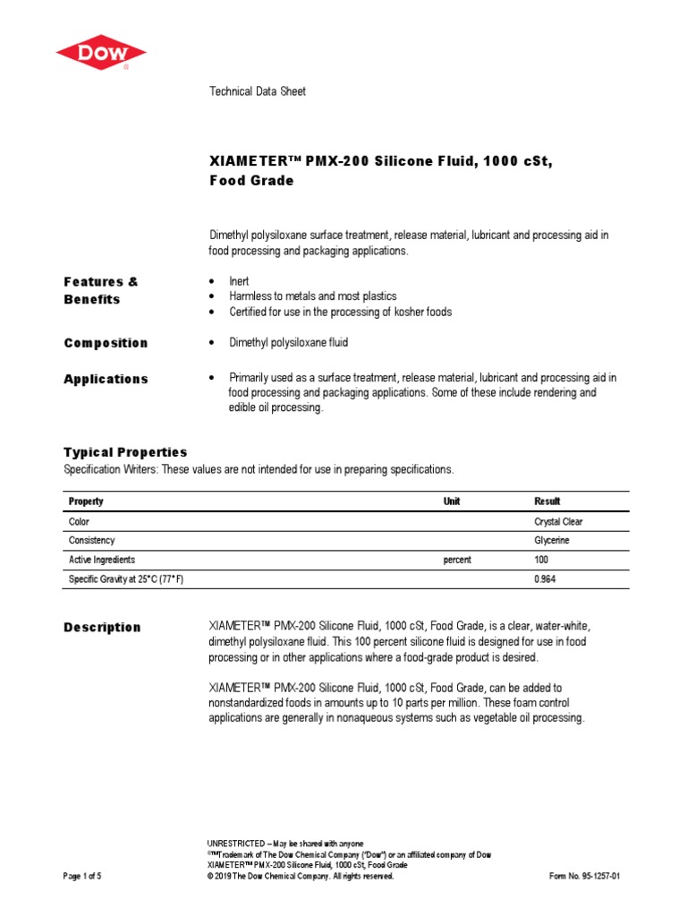 XIAMETER™ PMX-200 Silicone Fluid, 1000 CST, Food Grade-TDS | PDF ...