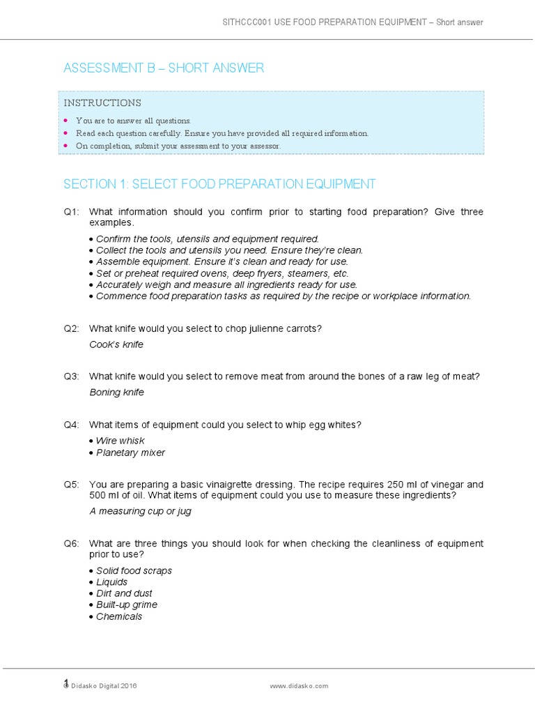 Assessment B - Short Answer: Instructions | PDF | Knife | Dishwasher