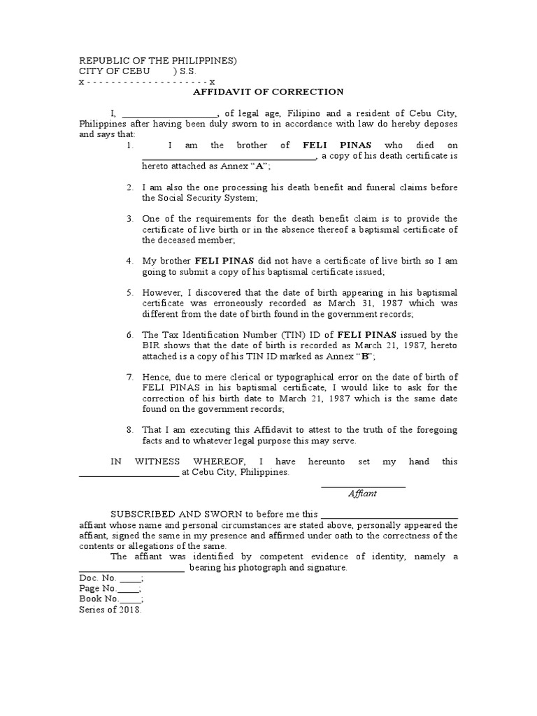 Afffidavit of Correction - Sample | PDF | Affidavit | Document