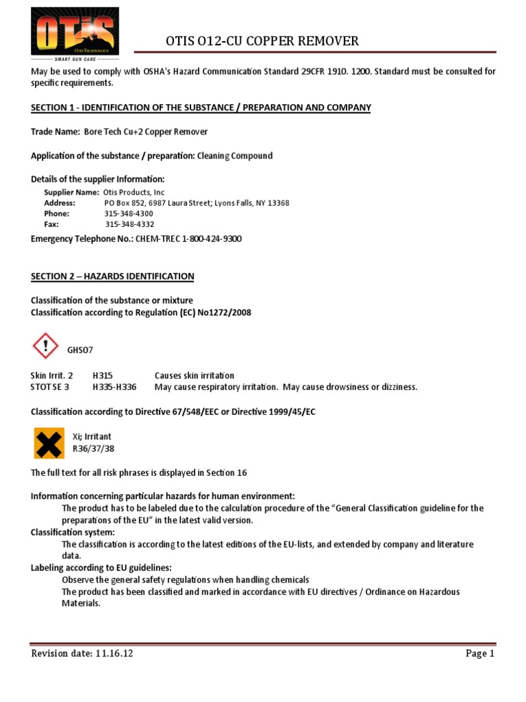 Otis O12-CU Copper Remover GHS MSDS - REV 11-16-12 | PDF | Firefighting ...