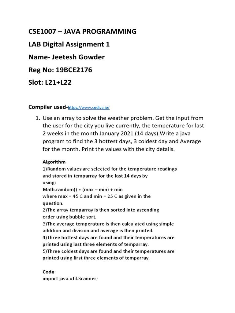 Cse1007 - Java Programming LAB Digital Assignment 1 Name-Jeetesh Gowder ...