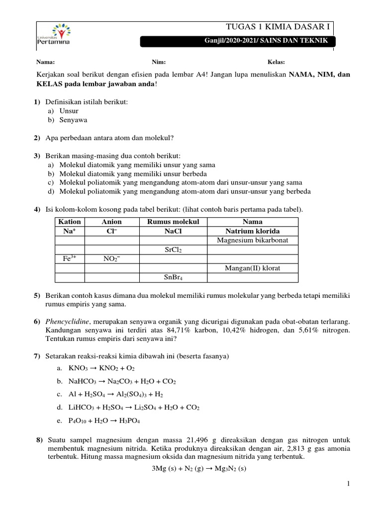 Tugas Kimia Dasar I: Soal dan Reaksi | PDF