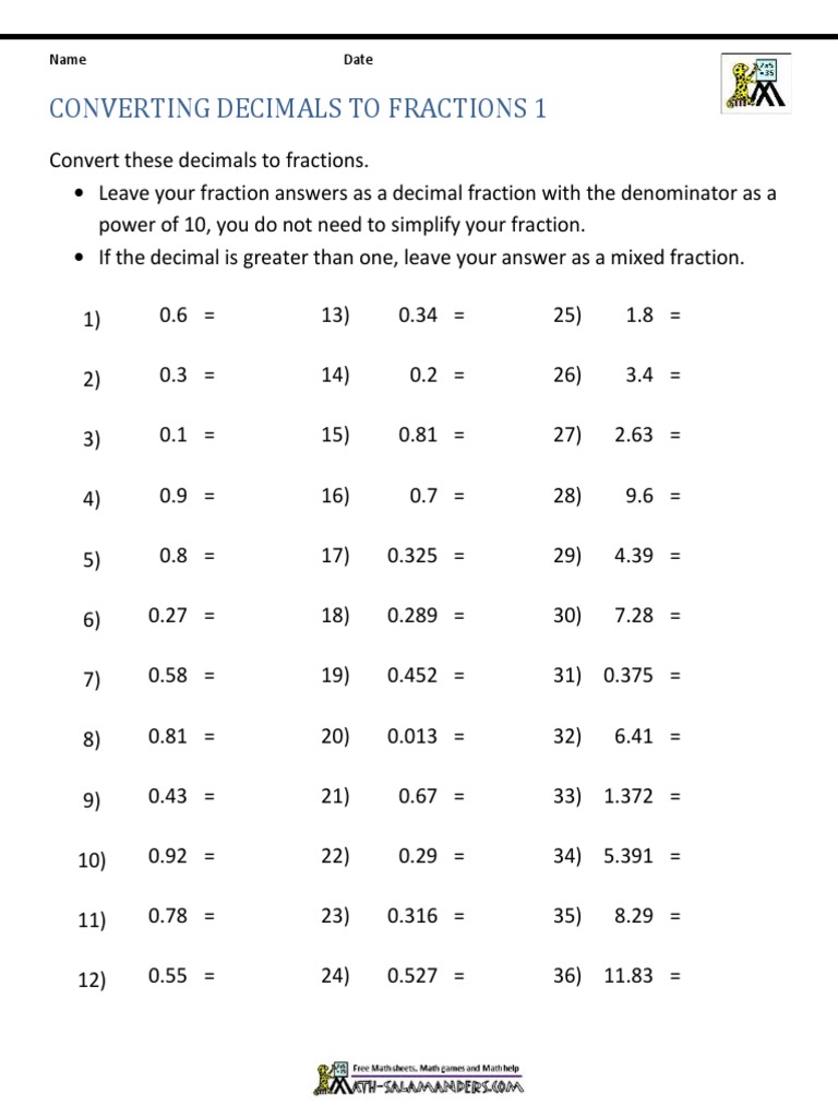 Converting Decimals To Fractions 1: Name Date | Download Free PDF | Encodings | Algebra