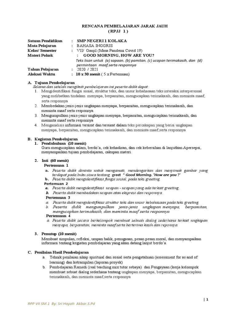 RPP 1 Lembar Sm.1 Rev | PDF | Karier & Perkembangan