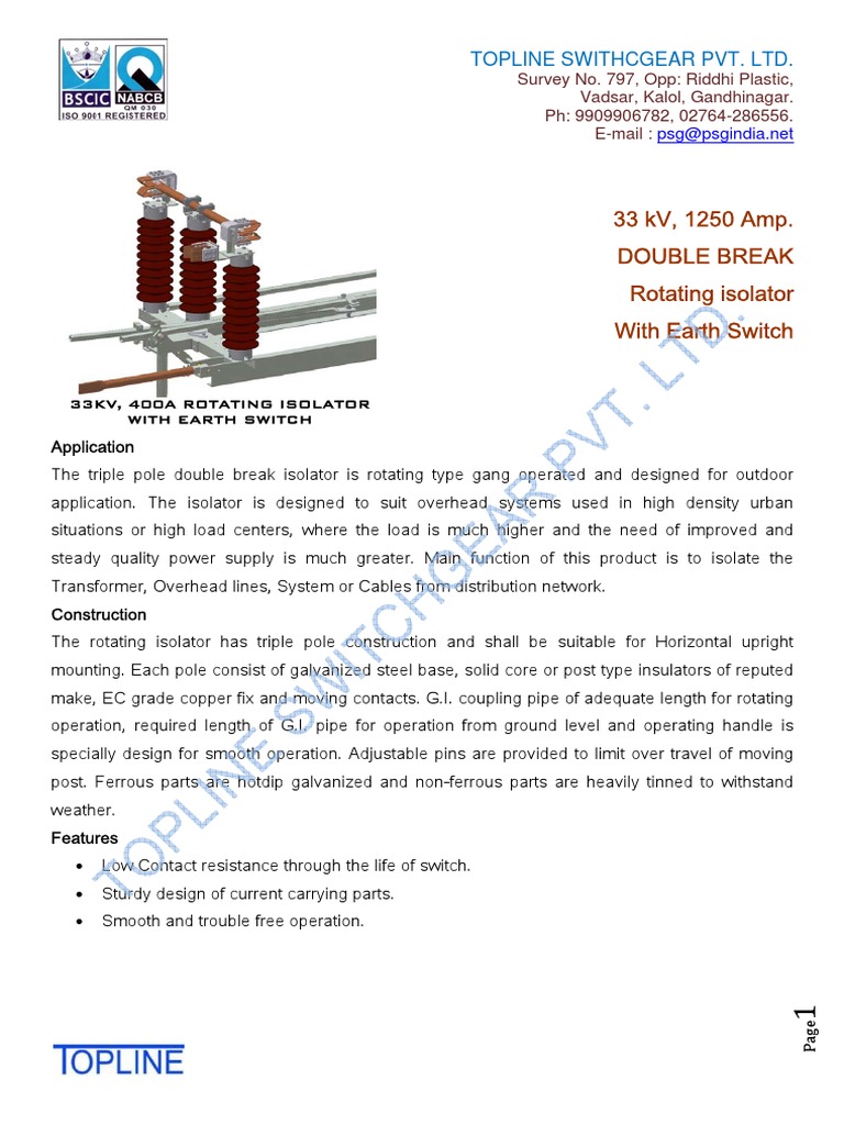 33 KV, 1250 Amp. Double Break Rotating Isolator With Earth Switch | PDF ...