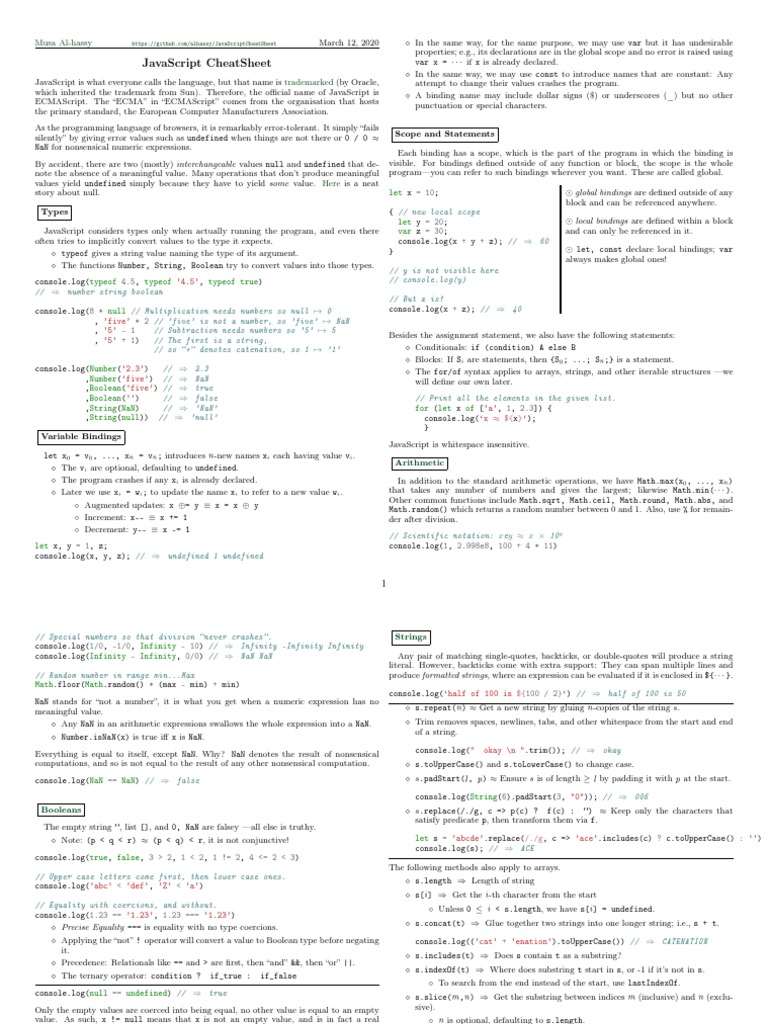 Javascript Cheatsheet: Musa Al-Hassy | PDF | Parameter (Computer ...