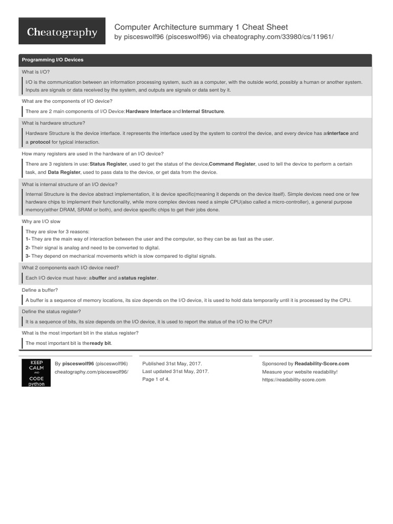 Computer Architecture Summary 1 Cheat Sheet: by Via | PDF | Input ...