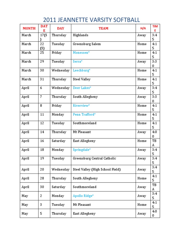 2011 Jeannette Varsity Softball Schedule | PDF