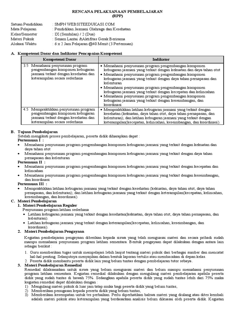RPP 2 PJOK Kelas 9 TM 6 Senam Lantai Dan Aktivitas Gerak Berirama | PDF