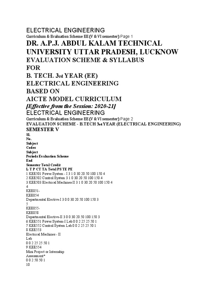 Evaluation Scheme and Syllabus for Electrical Engineering Curriculum of 5th and 6th Semester B ...