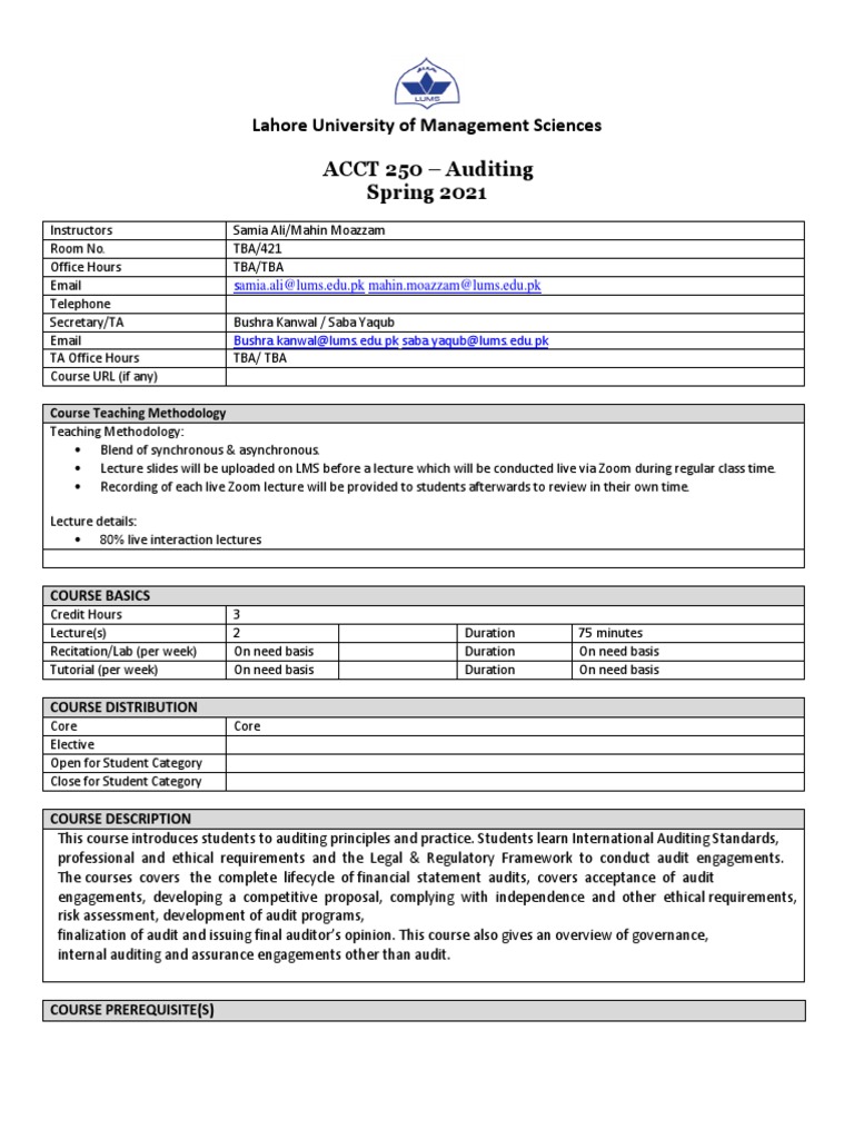 ACCT250-Auditing Course Outline | PDF | Internal Control | Audit