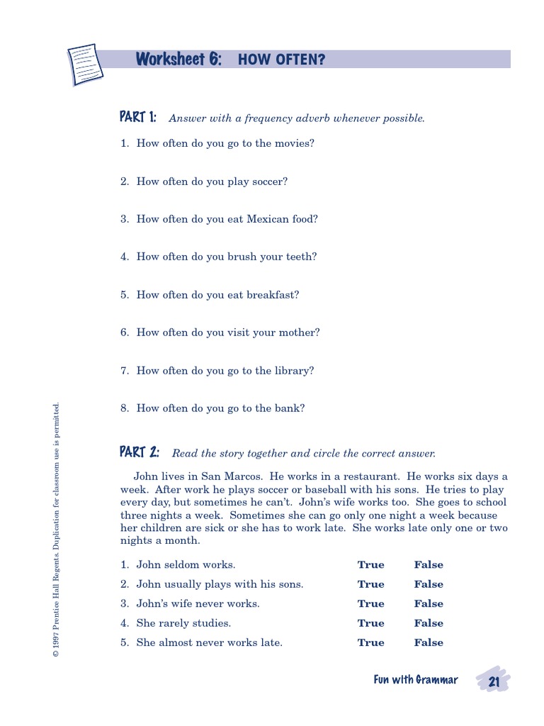 Worksheet 6: HOW OFTEN?: Answer With A Frequency Adverb Whenever ...