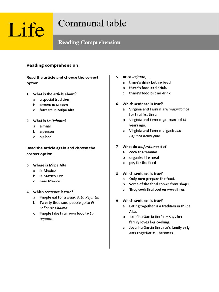 Communal Table Reading Comprehension Quiz | PDF