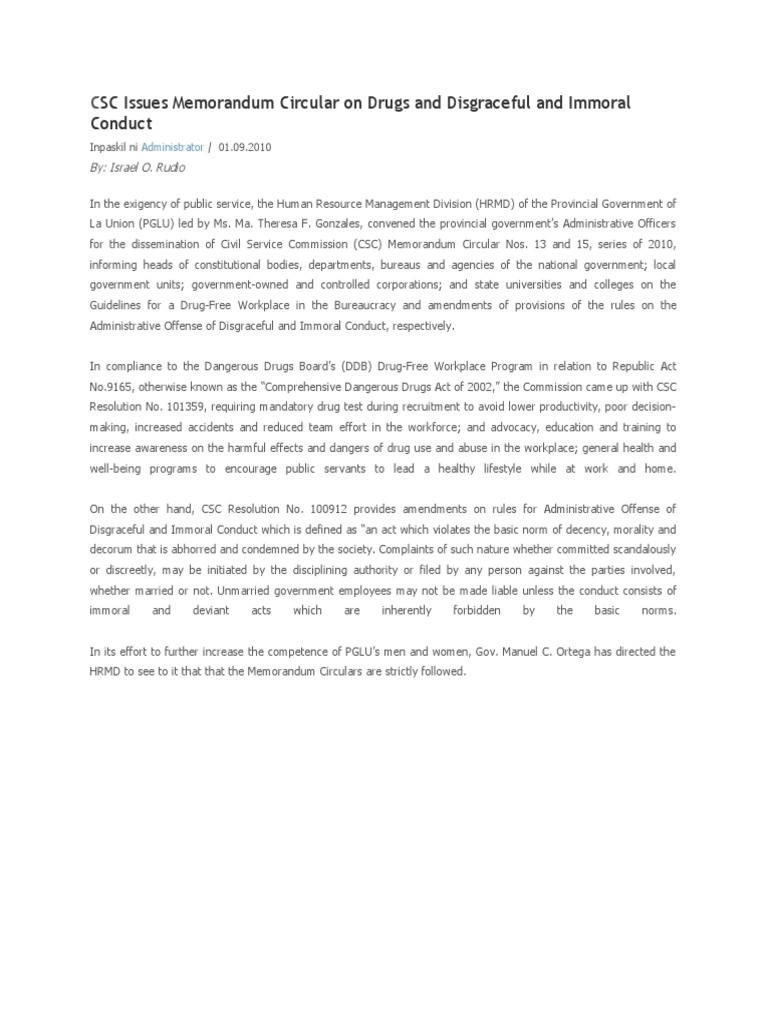 CSC Issues Memorandum Circular On Drugs and Disgraceful and Immoral ...