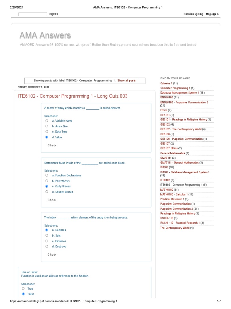 Ama Answers Ite6102 Computer Programming 1 Pdf C Programming Language Subroutine 2553
