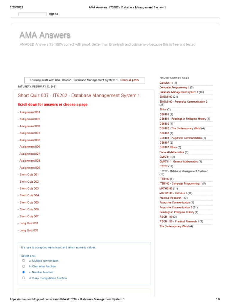 AMA Answers - IT6202 - Database Management System 1 | PDF | Databases | Computing