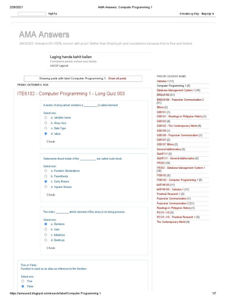 AMA Answers - Computer Programming 1 | PDF | C (Programming Language ...