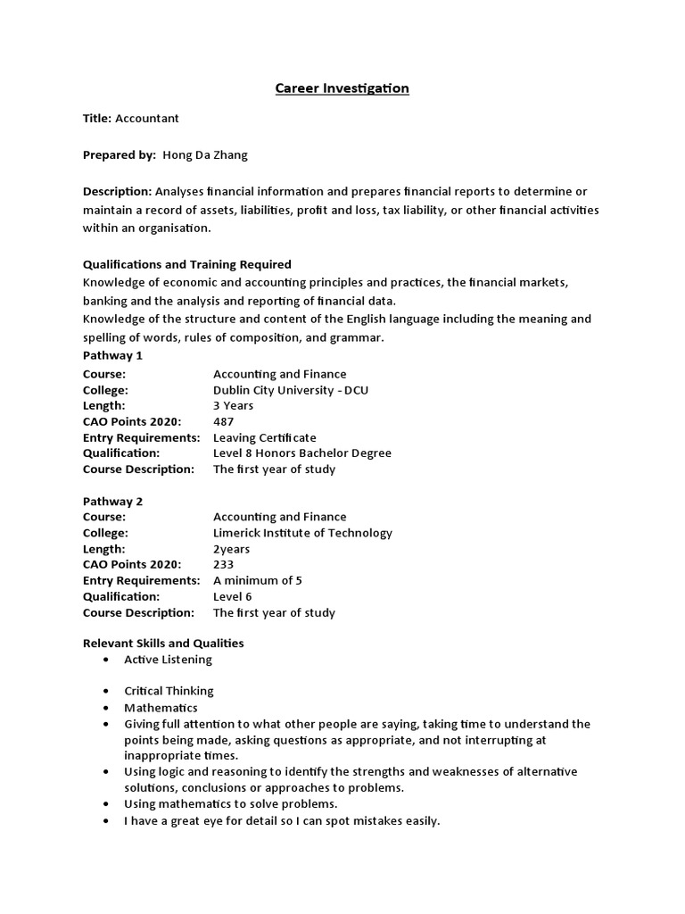 Career Investigation Headings 1234 | PDF | Accounting | Critical Thinking
