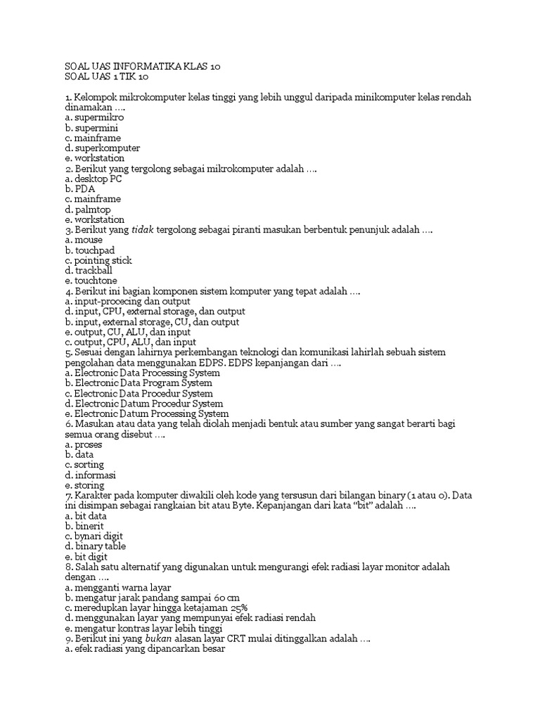 Soal Uas Informatika Klas 10 | PDF | Komputer
