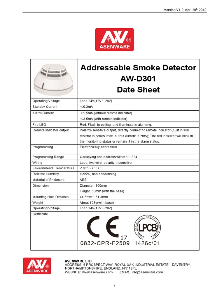 ASENWARE AW-D301 Addressable Smoke Detector Date Sheet | PDF | Technology & Engineering