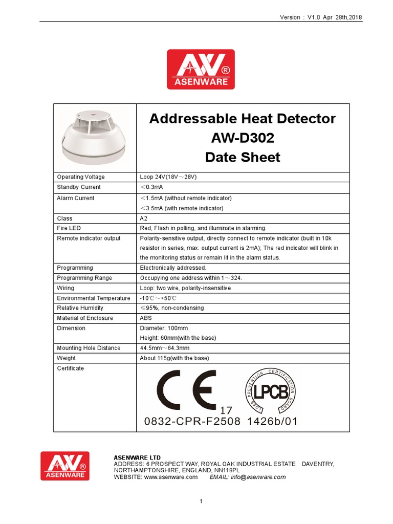 ASENWARE AW-D302 Addressable Heat Detector Date Sheet | PDF
