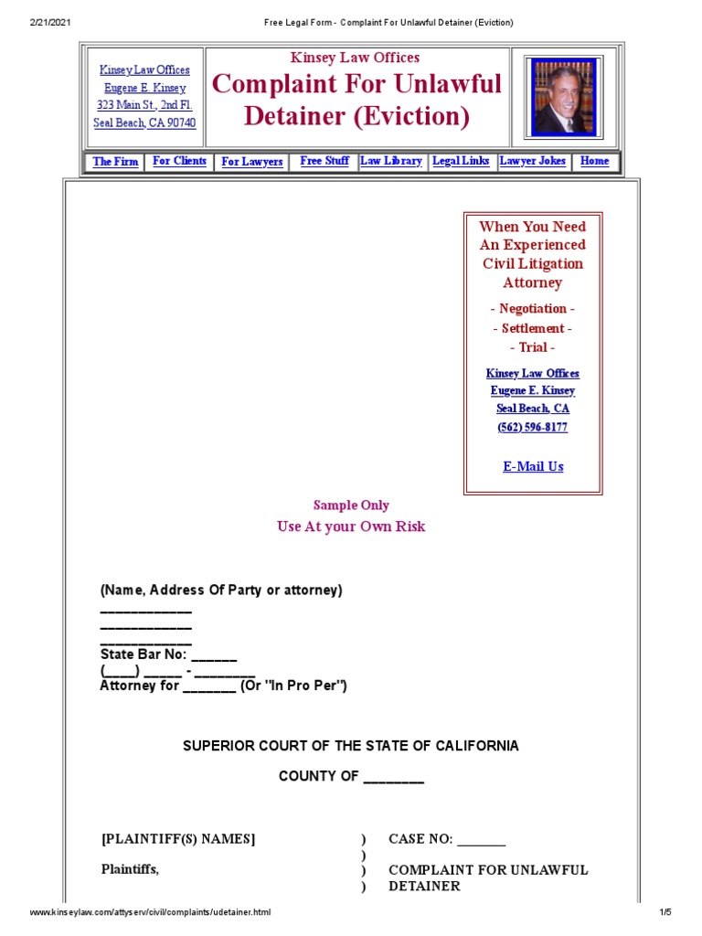 Free Legal Form - Complaint For Unlawful Detainer (Eviction) | PDF | Lease | Complaint