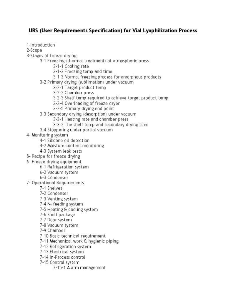 URS (User Requirements Specification) For Vial Lyophilization Process | PDF | Freeze Drying | Ice