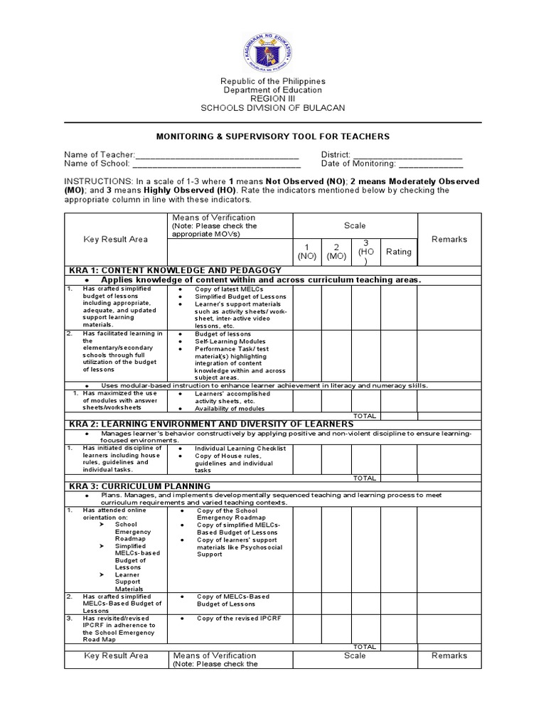 Monitoring Supervisory Tool For Teachers | PDF | Educational Assessment ...