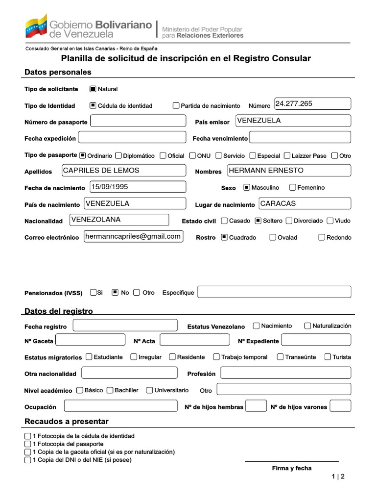Planilla Registro Consular 2015 | Descargar gratis PDF | Gobierno y personalidad