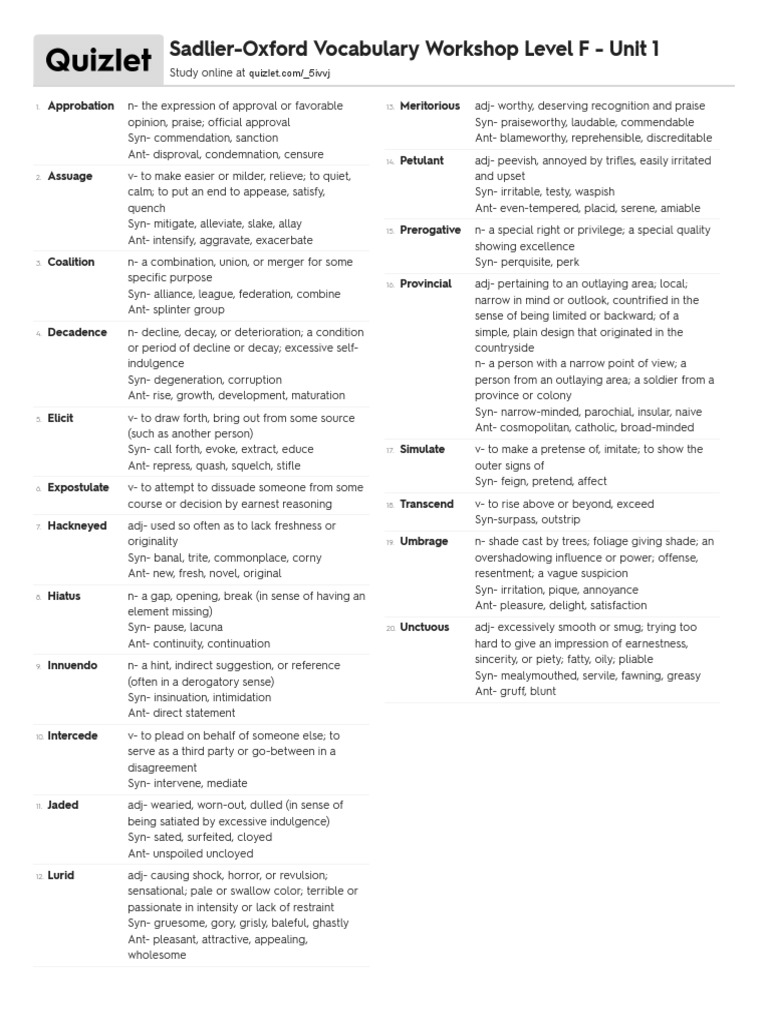 Vocabulary Workshop Level F Unit 1 | PDF