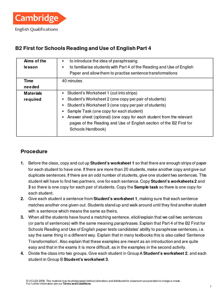 B2 First For Schools Reading and Use of English Part 4 | PDF ...