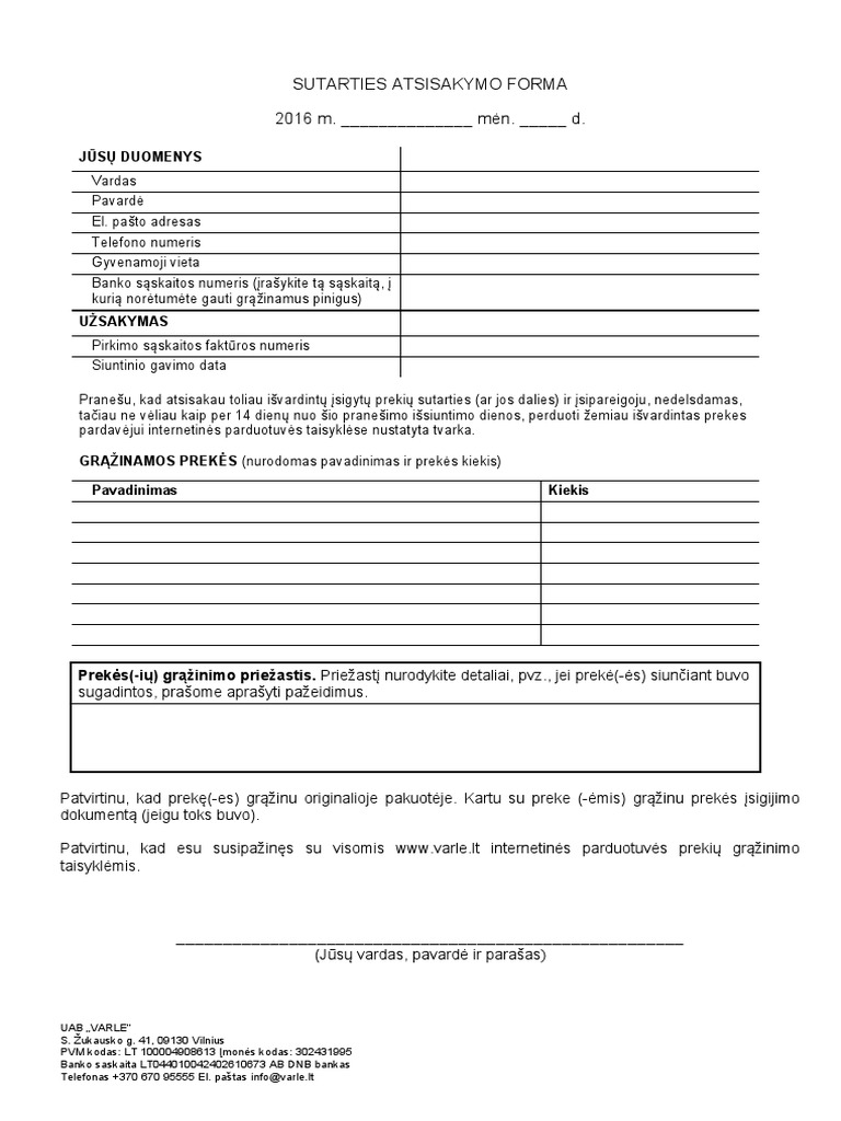 Sutarties Atsisakymo Forma Varle - LT | PDF