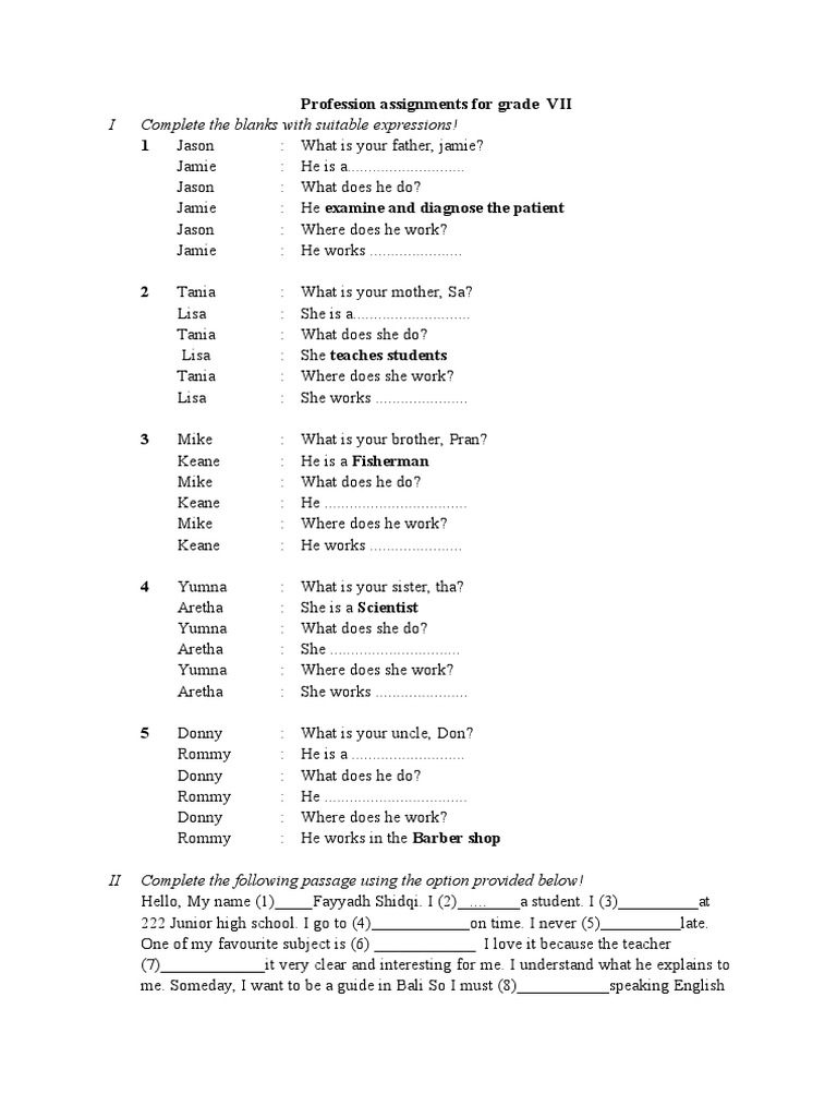 Profession Assignments Grade 7 | PDF