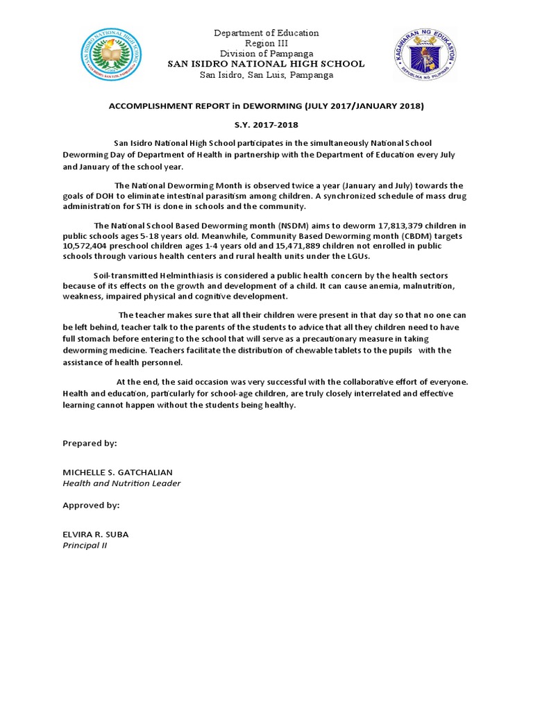 Deworming Narrative Report 2017-2018 | PDF