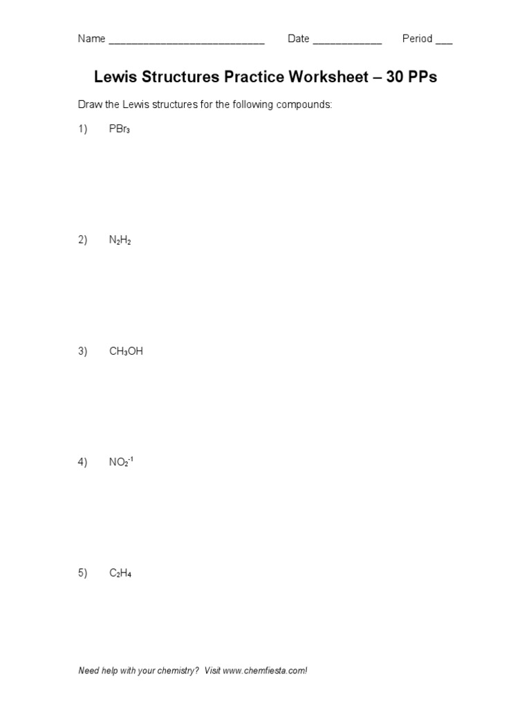 Lewis Structures Practice Worksheet - 30 PPS: Name - Date - Period | PDF