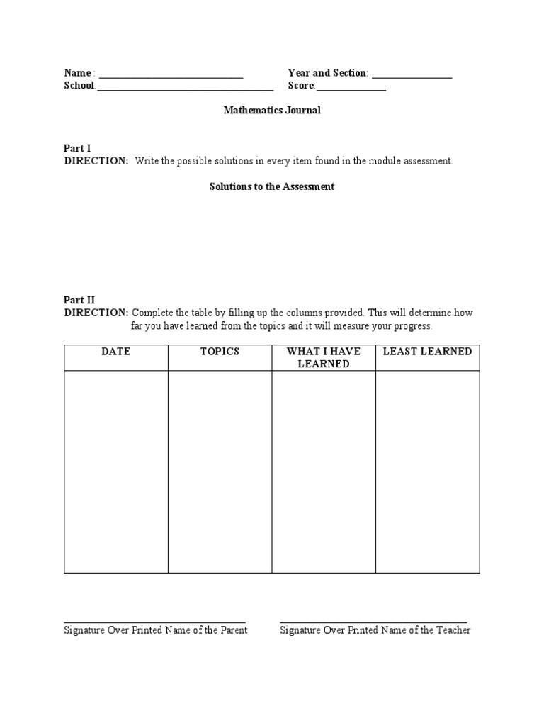 Mathematics Journal Template | PDF | Rubric (Academic) | Teaching ...
