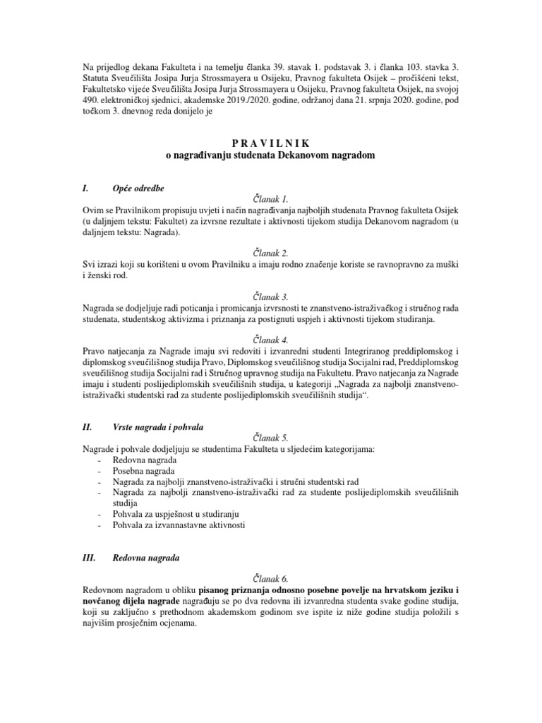 Pravilnik o Nagradivanju Studenata Dekanovom Nagradom | PDF