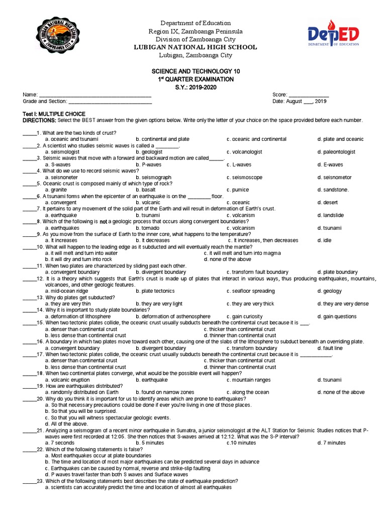 1st Exam Sci | PDF | Plate Tectonics | Earthquakes