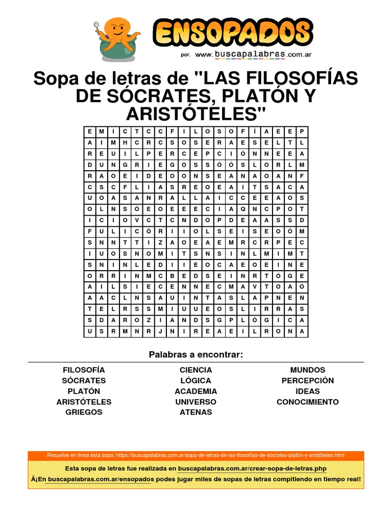 Sopa de Letras de Las Filosofías de Sócrates Platón y Aristóteles ...