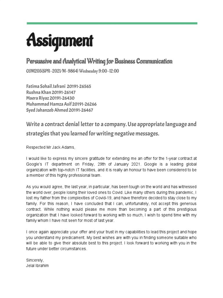 Declining a Contract Offer Due to Family Commitments | PDF