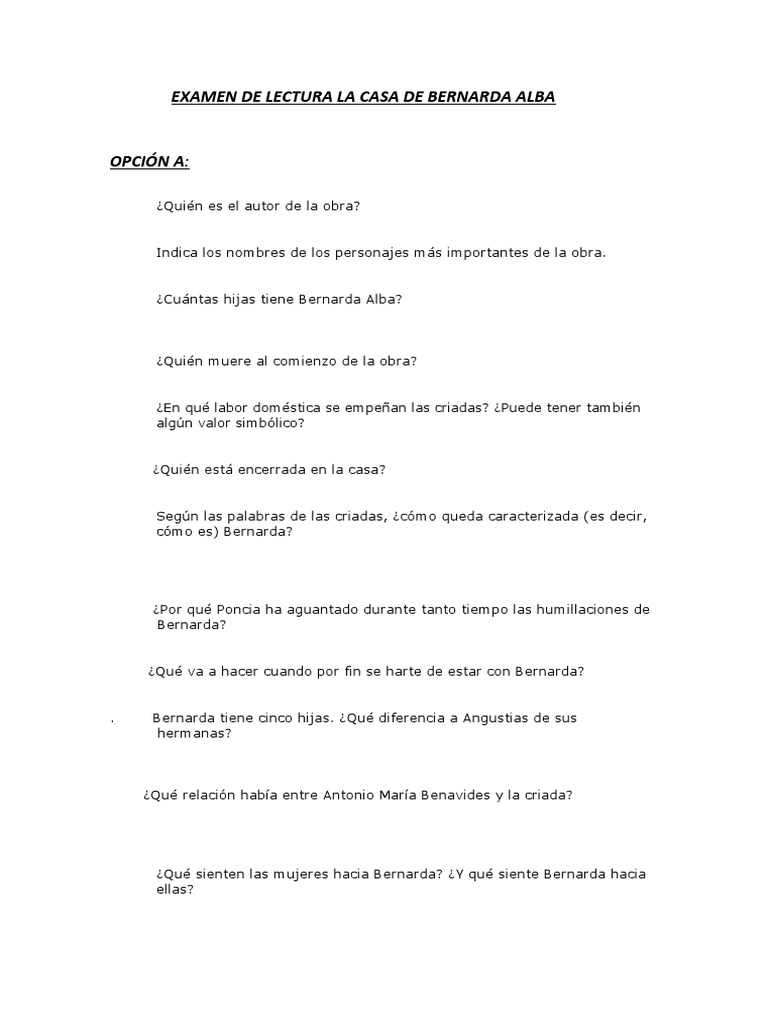 Examen de Lectura La Casa de Bernarda Alba | PDF