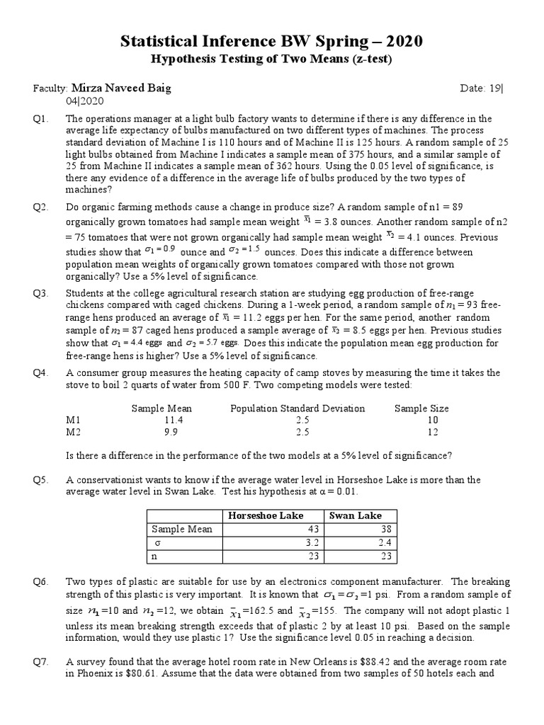 Hypothesis Testing for Two Means Analysis | PDF | Egg As Food | Hypothesis