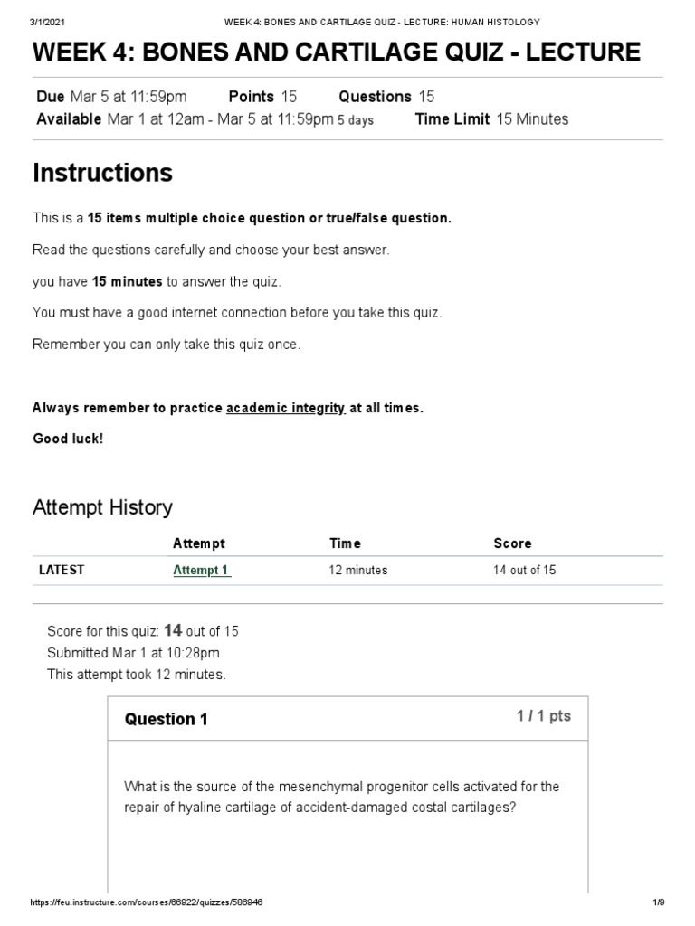 Week 4: Bones and Cartilage Quiz - Lecture: Attempt History | PDF ...