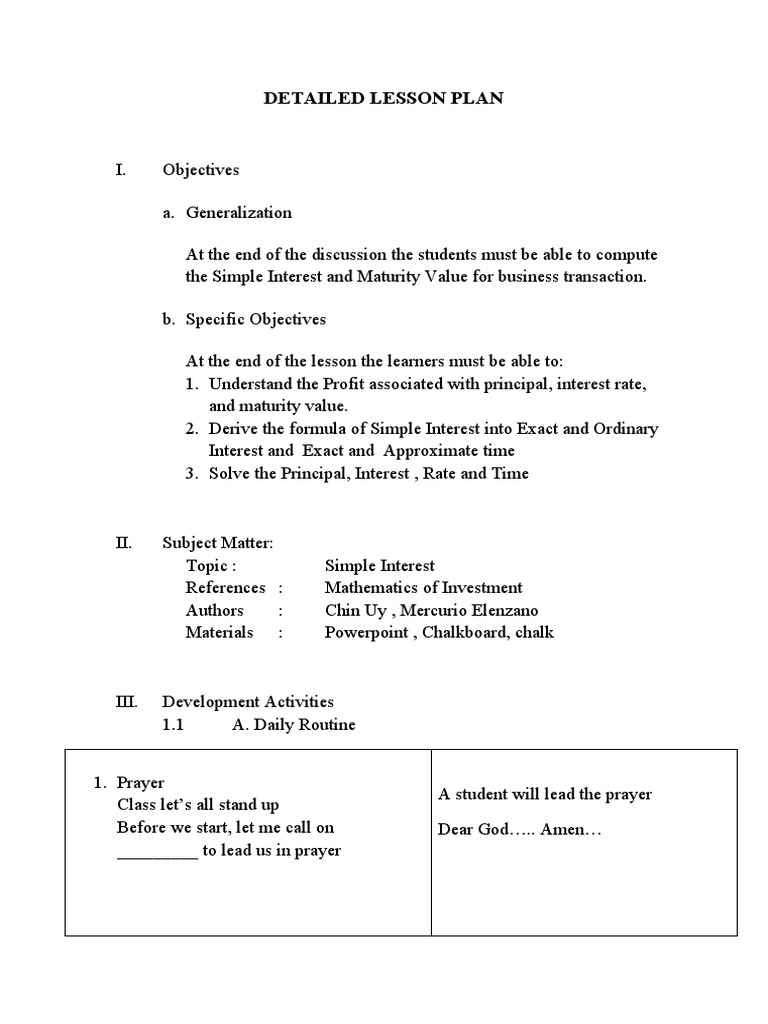 DETAILED LESSON PLAN (Simple Interest) | PDF | Formula | Interest