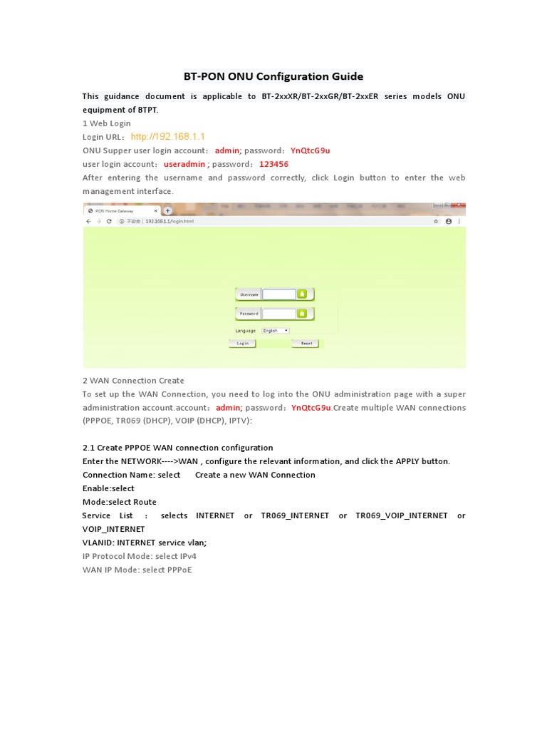 BT-2xx ONU Configuration Manual | PDF | Ip Address | Wi Fi