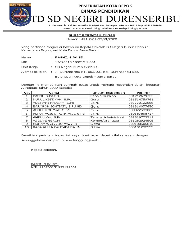 Surat Tugas Responden AKREDITASI 2020 | PDF