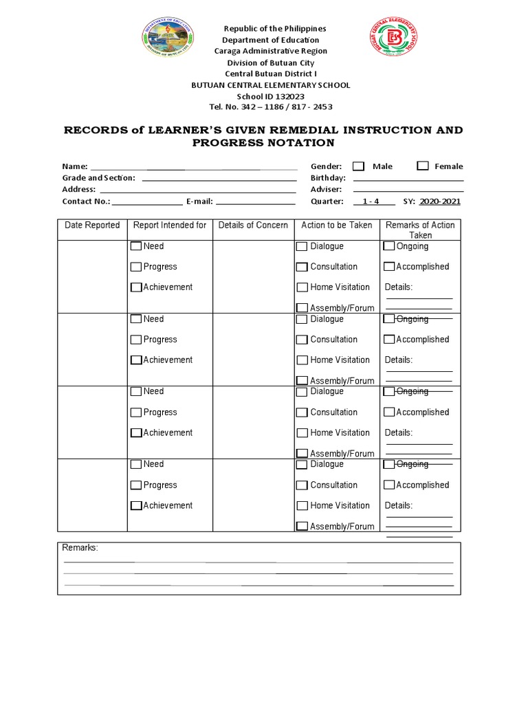 Records of Learner'S Given Remedial Instruction and Progress Notation ...