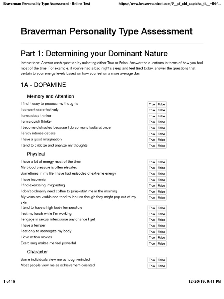 Braverman Personality Type Test | PDF | Sleep | Personality Type
