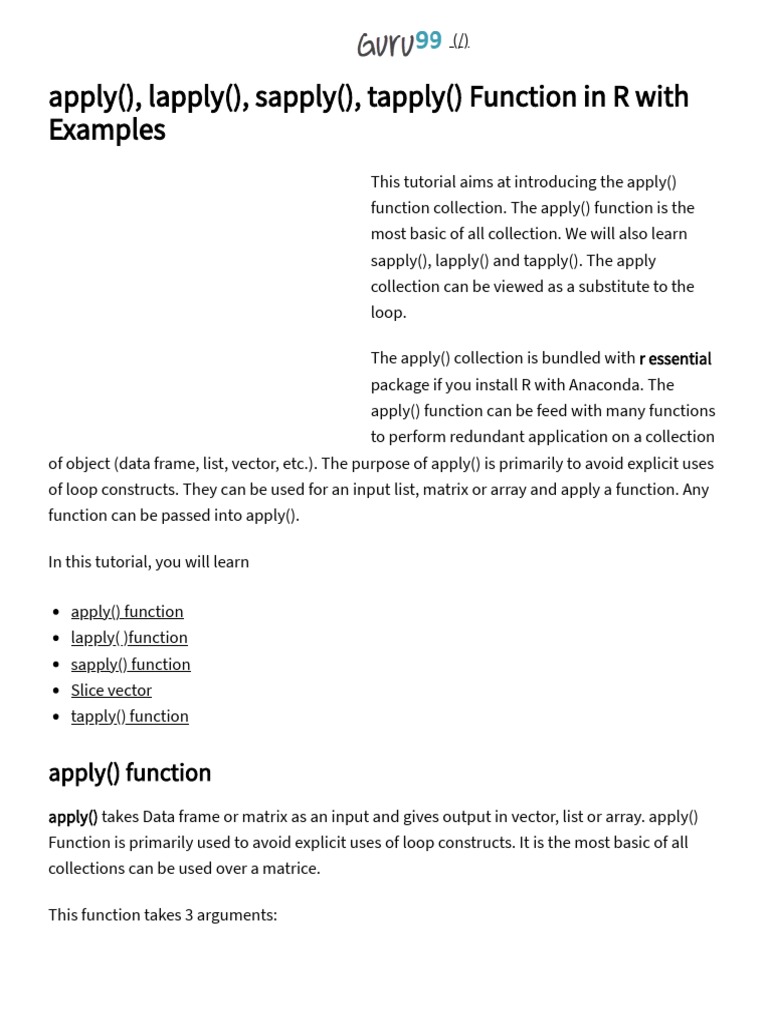 Apply, Lapply, Sapply, Tapply Function in R With Examples | PDF