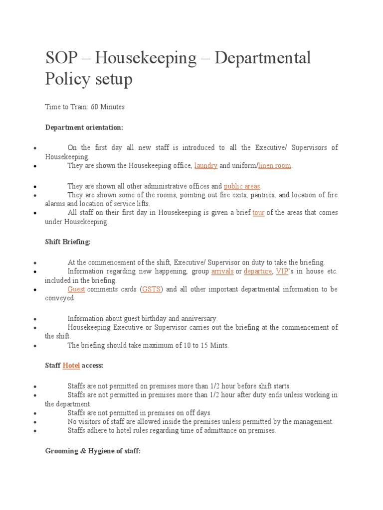 SOP - Housekeeping - Departmental Policy Setup: Department Orientation ...
